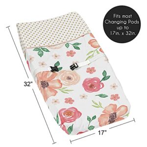 Sweet Jojo Designs Peach, Green and Gold Changing Pad Cover for Watercolor Floral Collection - Pink Rose Flower