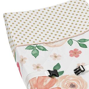 Sweet Jojo Designs Peach, Green and Gold Changing Pad Cover for Watercolor Floral Collection - Pink Rose Flower