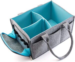 premium baby diaper caddy organizer | portable nursery storage bin | planner caddy | portable craft storage organizer | car seat tote with zipper pocket & 5mm heavy duty felt (grey/turquoise)