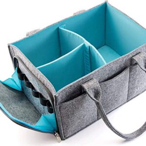 Premium Baby Diaper Caddy Organizer | Portable Nursery Storage Bin | Planner Caddy | Portable Craft Storage Organizer | Car Seat Tote with Zipper Pocket & 5mm Heavy Duty Felt (Grey/Turquoise)