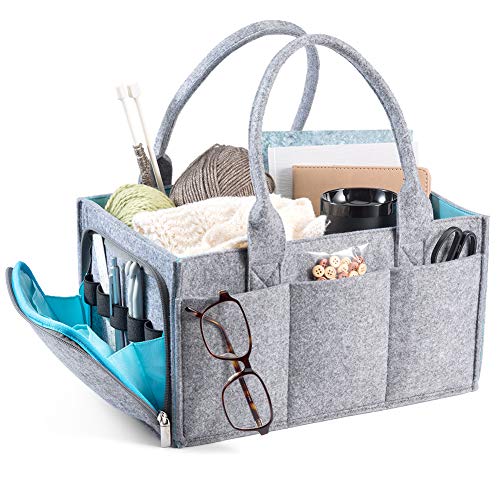 Premium Baby Diaper Caddy Organizer | Portable Nursery Storage Bin | Planner Caddy | Portable Craft Storage Organizer | Car Seat Tote with Zipper Pocket & 5mm Heavy Duty Felt (Grey/Turquoise)