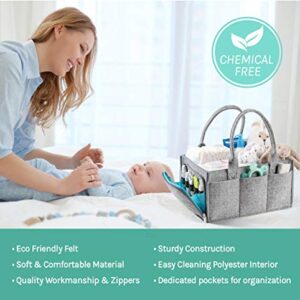 Premium Baby Diaper Caddy Organizer | Portable Nursery Storage Bin | Planner Caddy | Portable Craft Storage Organizer | Car Seat Tote with Zipper Pocket & 5mm Heavy Duty Felt (Grey/Turquoise)