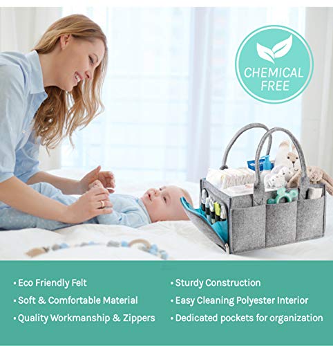 Premium Baby Diaper Caddy Organizer | Portable Nursery Storage Bin | Planner Caddy | Portable Craft Storage Organizer | Car Seat Tote with Zipper Pocket & 5mm Heavy Duty Felt (Grey/Turquoise)