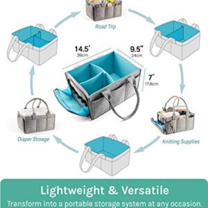 Premium Baby Diaper Caddy Organizer | Portable Nursery Storage Bin | Planner Caddy | Portable Craft Storage Organizer | Car Seat Tote with Zipper Pocket & 5mm Heavy Duty Felt (Grey/Turquoise)