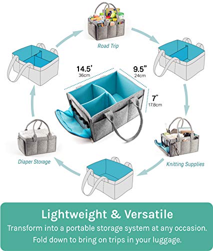 Premium Baby Diaper Caddy Organizer | Portable Nursery Storage Bin | Planner Caddy | Portable Craft Storage Organizer | Car Seat Tote with Zipper Pocket & 5mm Heavy Duty Felt (Grey/Turquoise)