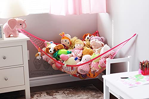 MiniOwls Toy Storage Hammock Plush Toy Organizer for Kids – Fits 20-30 Soft Teddies, Girl’s Bed or Playroom Decor (Pink, Large)