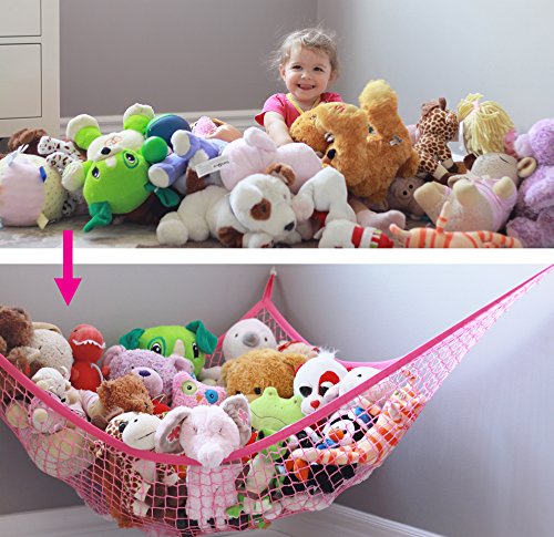 MiniOwls Toy Storage Hammock Plush Toy Organizer for Kids – Fits 20-30 Soft Teddies, Girl’s Bed or Playroom Decor (Pink, Large)