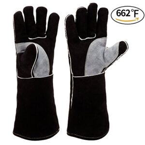 RAPICCA Welding Gloves 14 Inches,662℉,Heat Resistant Leather Forge/Mig/Stick Welding Gloves Heat/Fire Resistant, Mitts for Oven/Grill/Fireplace/Furnace/Stove/Pot Holder/BBQ/Animal Handling-Black