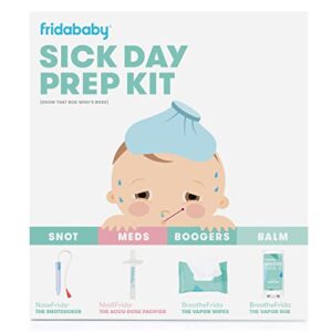 frida baby sick day prep kit - includes nosefrida nasal aspirator, medifrida pacifier medicine dispenser, breathefrida vapor chest rub + snot wipes. soothe stuffy noses for babies with a cold