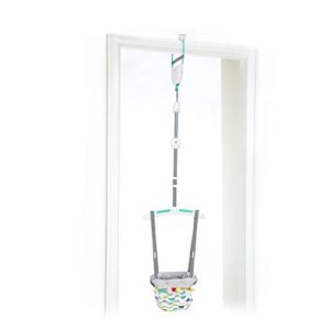 bright starts playful parade door jumper for baby with adjustable strap, 6 months and up, max weight 26 lbs