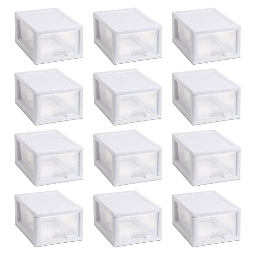 Sterilite Multipurpose Stackable Small Drawer Tote Containers with Reliable White Frame for Home or Office Organization, Clear (12 Pack)