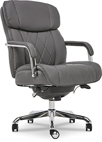 La-Z-Boy Sutherland Quilted Leather Executive Office Chair with Padded Arms, High Back Ergonomic Desk Chair with Lumbar Support, Grey Bonded Leather