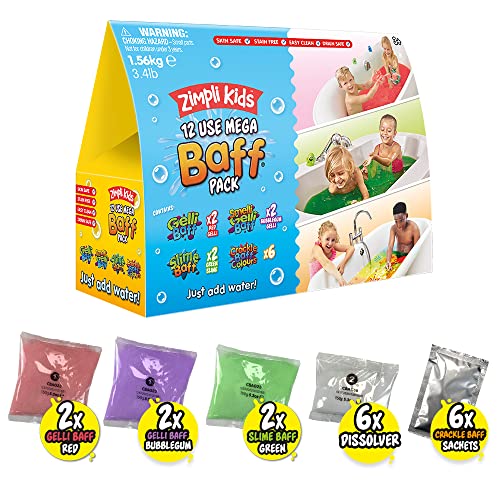 12 Use Mega Value Baff Pack from Zimpli Kids, 4 x Gelli Baff, 2 x Slime Baff & 6 x Crackle Baff, Children's Sensory & Bath Toy, Birthday Presents for Boys & Girls, Certified Biodegradable Gift