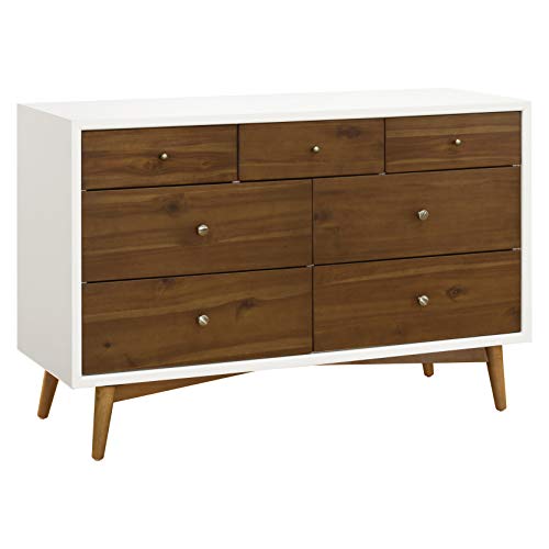 babyletto Palma 7-Drawer Assembled Double Dresser in White and Natural Walnut, Greenguard Gold Certified