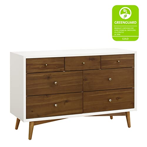 babyletto Palma 7-Drawer Assembled Double Dresser in White and Natural Walnut, Greenguard Gold Certified