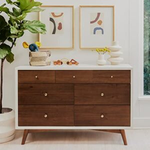 babyletto Palma 7-Drawer Assembled Double Dresser in White and Natural Walnut, Greenguard Gold Certified