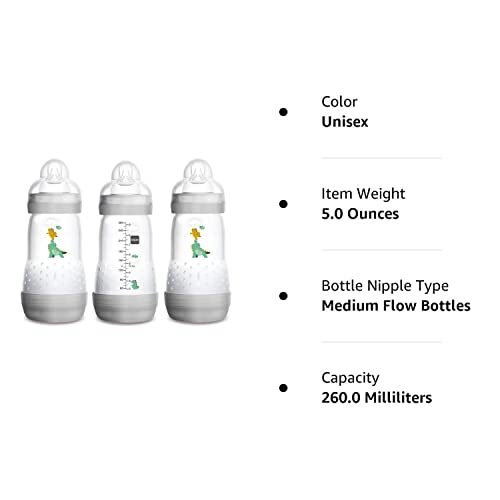 MAM Easy Start Anti-Colic Bottle, Baby Essentials, Medium Flow Bottles with Silicone Nipple, Unisex Baby Bottles, Designs May Vary, 9 oz (3-Count),