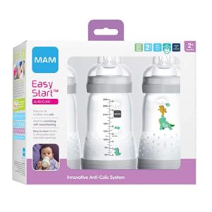 MAM Easy Start Anti-Colic Bottle, Baby Essentials, Medium Flow Bottles with Silicone Nipple, Unisex Baby Bottles, Designs May Vary, 9 oz (3-Count),