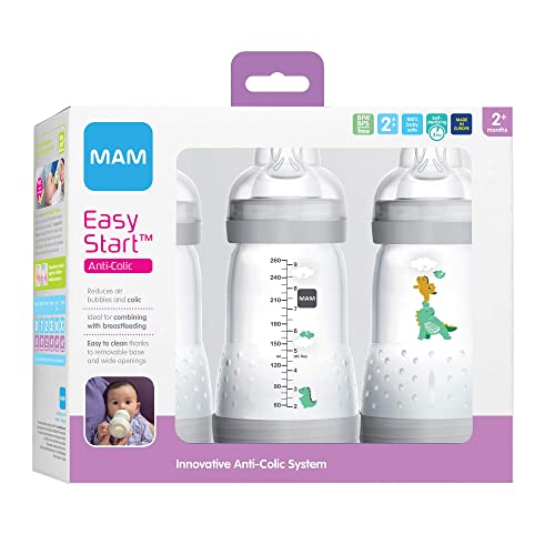 MAM Easy Start Anti-Colic Bottle, Baby Essentials, Medium Flow Bottles with Silicone Nipple, Unisex Baby Bottles, Designs May Vary, 9 oz (3-Count),