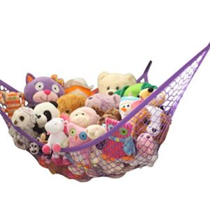 miniowls storage hammock stuffed toys organizer - fits 30-40 plush animals. great gift for boys and girls. instead of bins and toy chest – displays teddies easily. (purple, x-large)