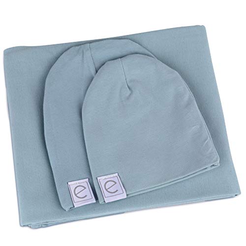 Ely's & Co. Cotton Knit Jersey Swaddle Blanket and 2 Beanie Baby Hats Gift Set, Large Receiving Blanket (Dusty Blue)