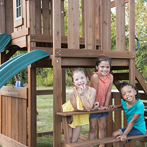 Swing-N-Slide WS 8353 Knightsbridge Deluxe Wooden Swing Set with Two Slides, Climbing Wall, Swings, Glider & Picnic Table, Wood