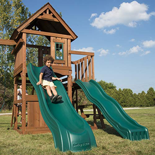 Swing-N-Slide WS 8353 Knightsbridge Deluxe Wooden Swing Set with Two Slides, Climbing Wall, Swings, Glider & Picnic Table, Wood