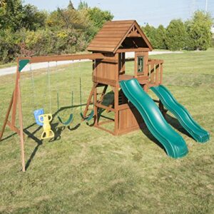 Swing-N-Slide WS 8353 Knightsbridge Deluxe Wooden Swing Set with Two Slides, Climbing Wall, Swings, Glider & Picnic Table, Wood