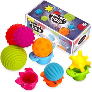 6pc sensory balls for kids - textured multi ball set for babies & toddlers, squeezy tactile sensory toys with stacking cup, stress relief toy for kids, easter basket stuffers party favors gifts