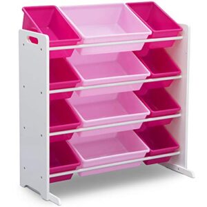 delta children kids toy storage organizer with 12 plastic bins - greenguard gold certified, white/pink