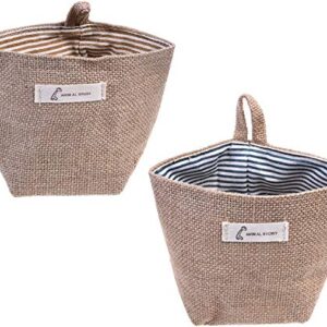 CM Cosmos 2 Pcs Mini Hanging Storage Bag Cotton Linen Small Storage Basket Decor Bin Bag for Wall Door Closet (Blue & Yellow Dot Pattern)