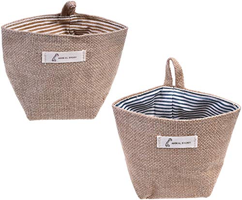 CM Cosmos 2 Pcs Mini Hanging Storage Bag Cotton Linen Small Storage Basket Decor Bin Bag for Wall Door Closet (Blue & Yellow Dot Pattern)