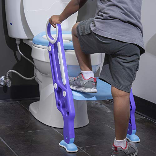 Potty Training Seat with Ladder - Potty Step Stool for Toddlers Fits Most Toilets, Folds for Storage. Potty Ladder is Durable and Safe - Wide Step, Non-Slip Pads, Comfort Handles and Removable Cushion