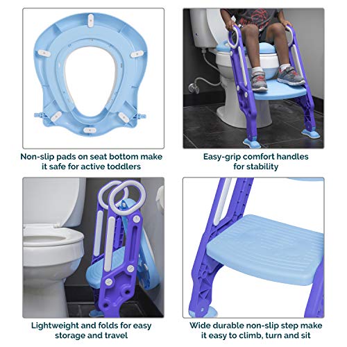 Potty Training Seat with Ladder - Potty Step Stool for Toddlers Fits Most Toilets, Folds for Storage. Potty Ladder is Durable and Safe - Wide Step, Non-Slip Pads, Comfort Handles and Removable Cushion