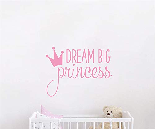 Dream Big Princess with Crown Wall Decal Vinyl Sticker for Kids Baby Girls Bedroom Decoration Nursery Home Decor Mural Design YMX18 (Soft Pink)