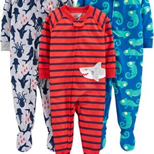 Simple Joys by Carter's Baby Boys' Loose-Fit Polyester Jersey Footed Pajamas, Pack of 3, Chameleon/Shark/Stripe, 18 Months