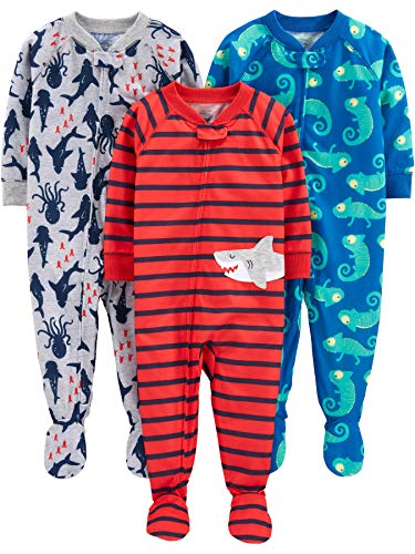 Simple Joys by Carter's Baby Boys' Loose-Fit Polyester Jersey Footed Pajamas, Pack of 3, Chameleon/Shark/Stripe, 18 Months