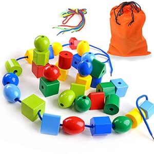 lovestown lacing bead set, educational stringing toy montessori toys autism toys for toddlers kids preschool children with 36 jumbo beads & 2 threads