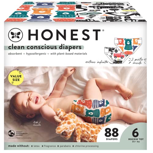 The Honest Company Clean Conscious Diapers | Plant-Based, Sustainable | Beary Cool + Big Trucks | Super Club Box, Size 6 (35+ lbs), 88 Count