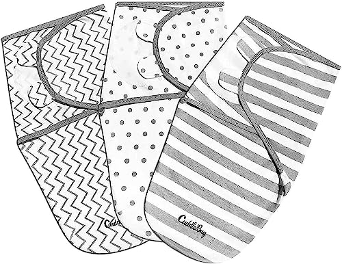 CuddleBug Adjustable Baby Swaddle Blanket & Wrap (Spots & Stripes), Pack of 3 (Small/Medium 0-3 Months Old)