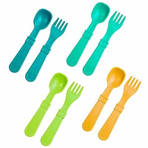 re-play made in usa 8pk toddler feeding spoon and fork set| made from bpa free eco friendly recycled milk jugs - virtually indestructible | aqua, sunny yellow, lime & teal | dishwasher safe |aqua asst