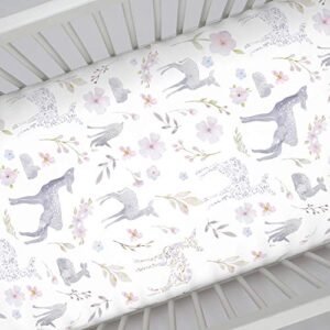 NoJo Super Soft Floral Deer Nursery Crib Fitted Sheet, Grey, Light Blue, Pink, White 1 Count (Pack of 1)