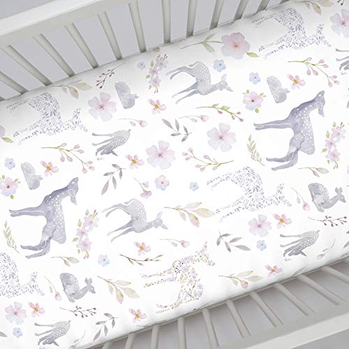 NoJo Super Soft Floral Deer Nursery Crib Fitted Sheet, Grey, Light Blue, Pink, White 1 Count (Pack of 1)