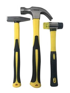 benchmark - 3 piece hammer set; 16 oz. claw hammer, tack hammer; rubber mallet (double sided); shock absorbing rubber grips, durable fiberglass handles and polished steel heads