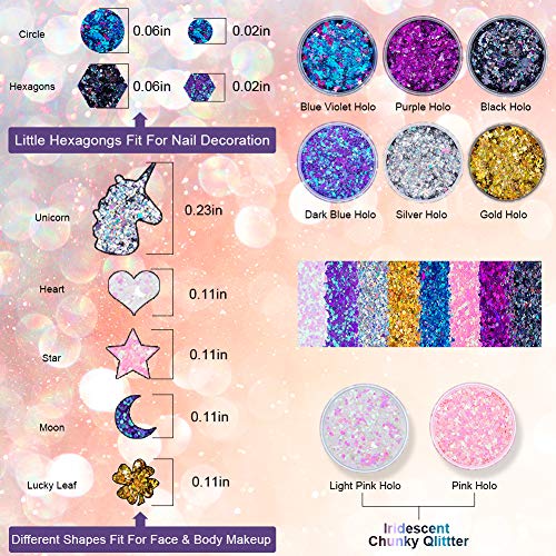 8 Jars of Cosmetic Chunky Glitter Shimmer Body Face Hair Eye Musical Festival Carnival Dance Halloween Party Beauty Makeup Temporary Tattoos Multicolored (80g/2.82oz) + Quick Dry Glitter Glue(10ml)