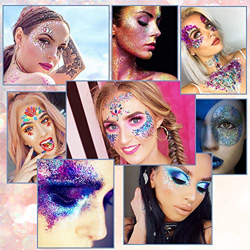 8 Jars of Cosmetic Chunky Glitter Shimmer Body Face Hair Eye Musical Festival Carnival Dance Halloween Party Beauty Makeup Temporary Tattoos Multicolored (80g/2.82oz) + Quick Dry Glitter Glue(10ml)