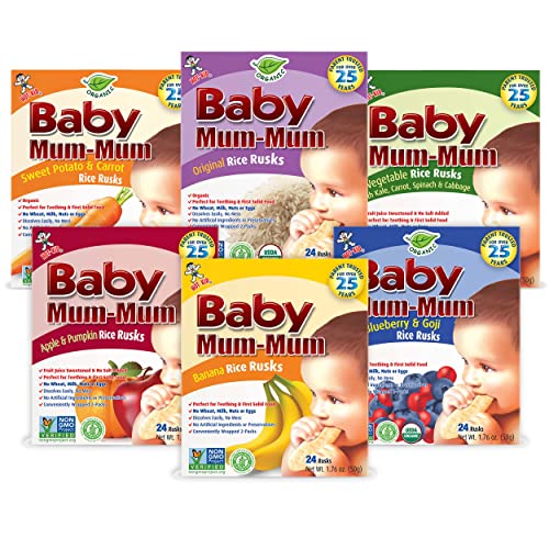 Peaceful Squirrel Variety, Hot-Kid Baby Mum-Mum Rice Rusks Variety Pack of 6 (Organic Original, Banana, Vegetables, Apple & Pumpkin, Carrot & Sweet Potato, Blueberry & Goji) - 1.76 Ounce