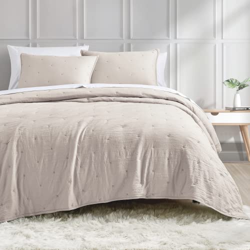 BOURINA Reversible Bedspread Coverlet Set - Pre-Washed Microfiber Ultra Soft Lightweight Star Quilted 3-Piece Quilt Set King, Beige