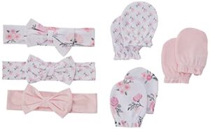 hudson baby baby girls cotton scratch mitten set headband, pink floral, 0-6 months us