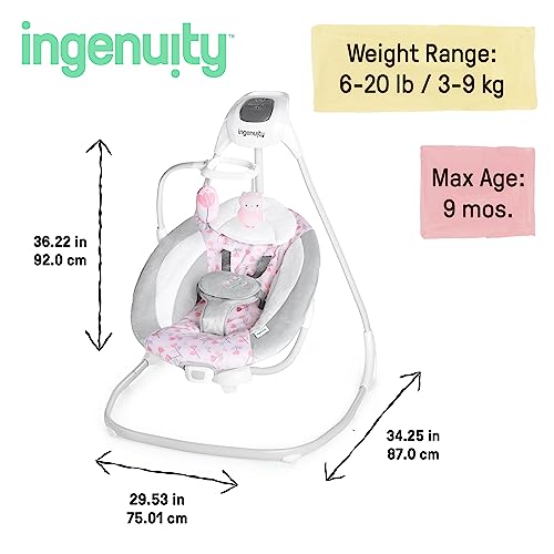 Ingenuity SimpleComfort Lightweight Compact 6-Speed Multi-Direction Baby Swing, Vibrations & Nature Sounds, 0-9 Months 6-20 lbs (Pink Cassidy)